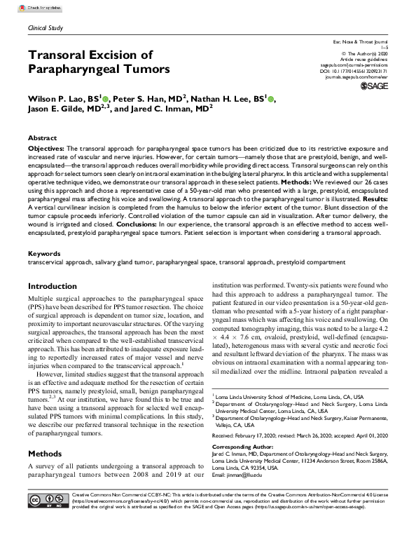 (PDF) Transoral Excision of Parapharyngeal Tumors