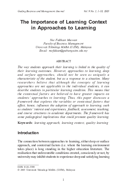 (PDF) The Importance of Learning Context in Approaches to Learning