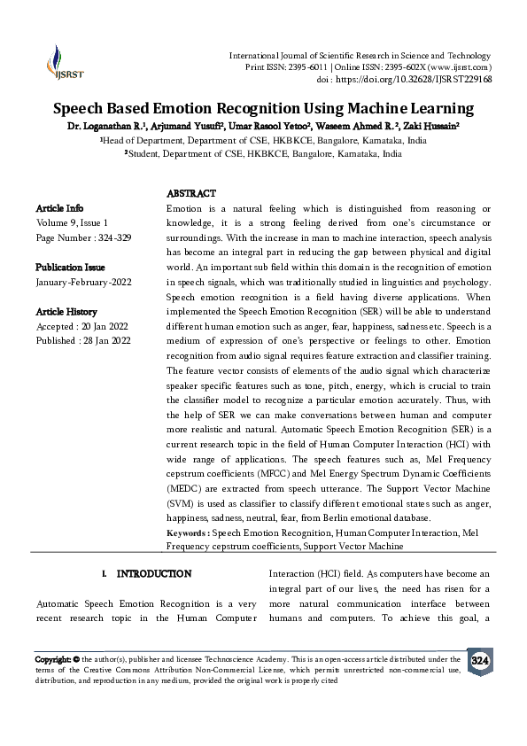 Pdf Speech Based Emotion Recognition Using Machine Learning