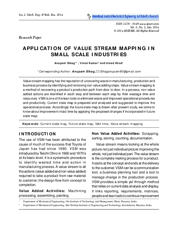 (PDF) Application of Value Stream Mapping in Small Scale Industries