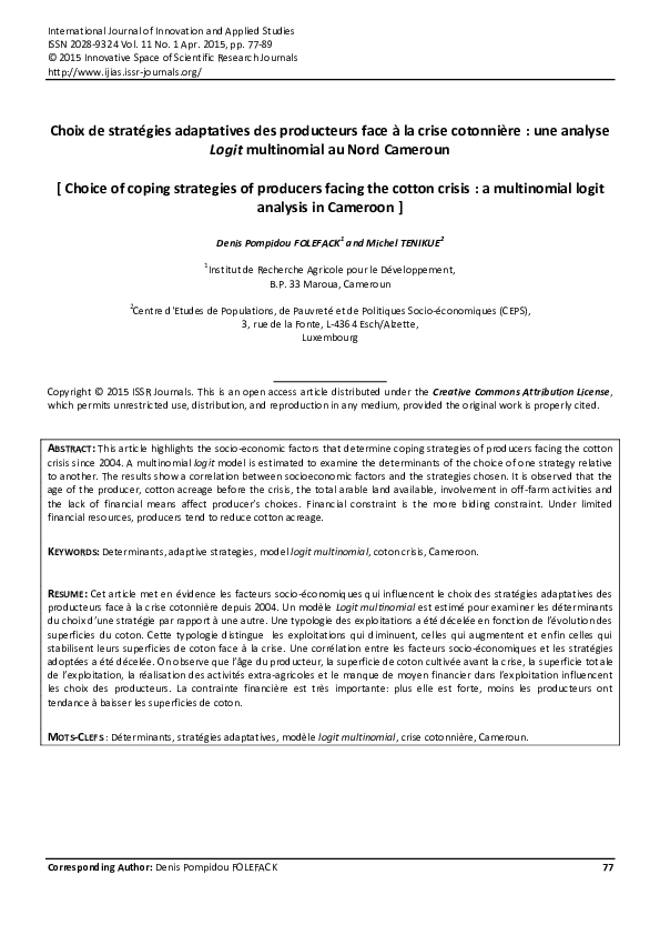 (PDF) Choice of coping strategies of producers facing the cotton crisis ...