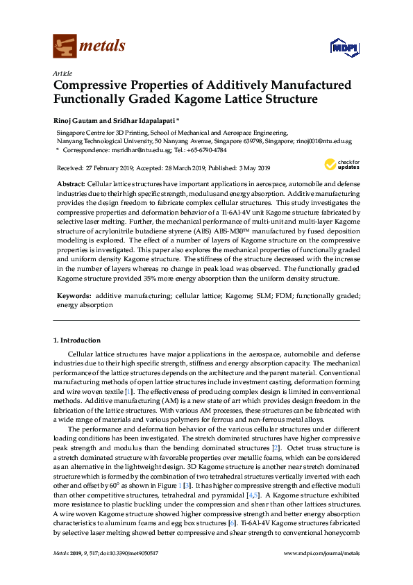 (PDF) Compressive Properties of Additively Manufactured Functionally Graded Kagome Lattice Structure