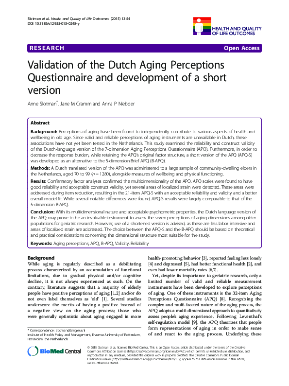 (PDF) Validation of the Dutch Aging Perceptions Questionnaire and development of a short version