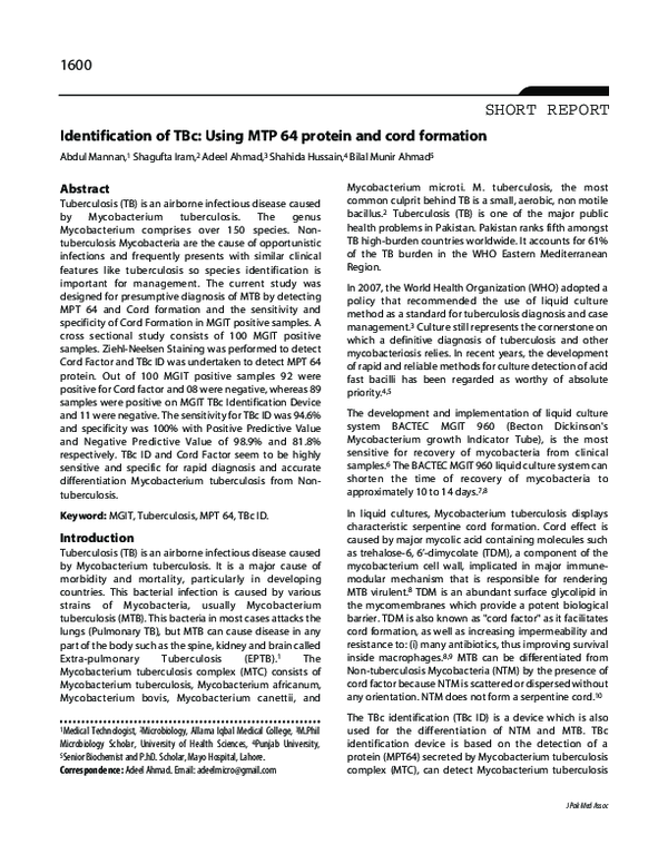 (PDF) Identification of TBc: Using MTP 64 protein and cord formation
