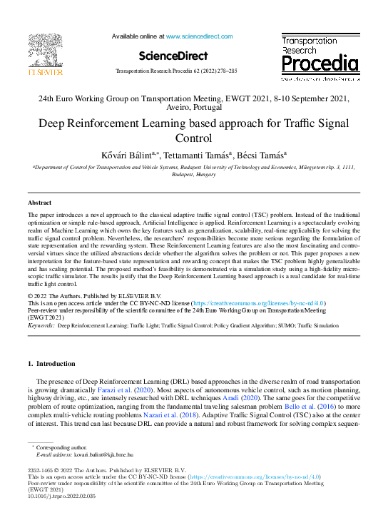(PDF) Deep Reinforcement Learning based approach for Traffic Signal Control