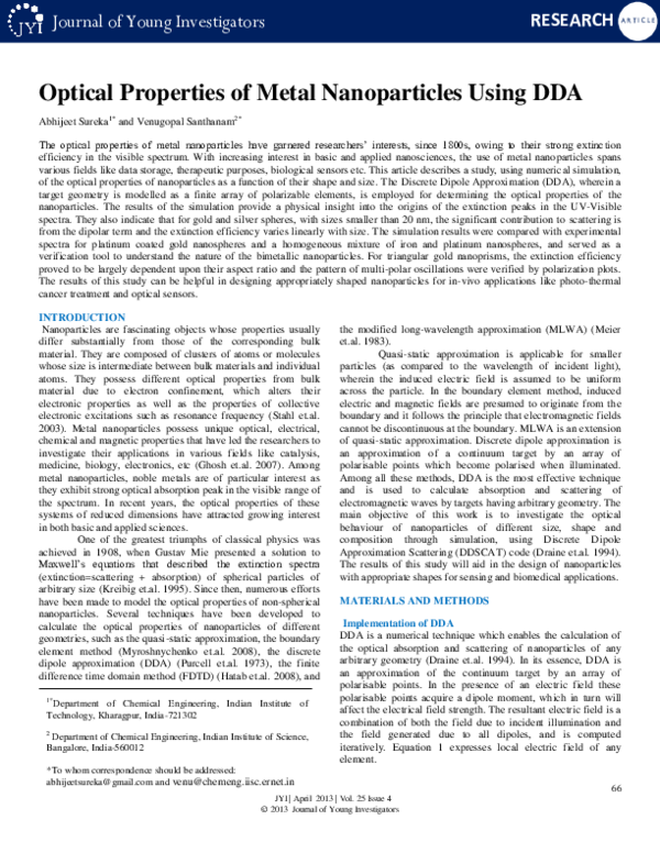(PDF) Optical Properties of Metal Nanoparticles Using DDA