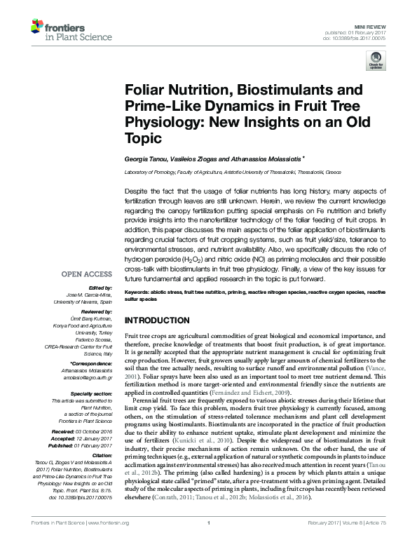 (PDF) Foliar Nutrition, Biostimulants and Prime-Like Dynamics in Fruit Tree Physiology: New ...