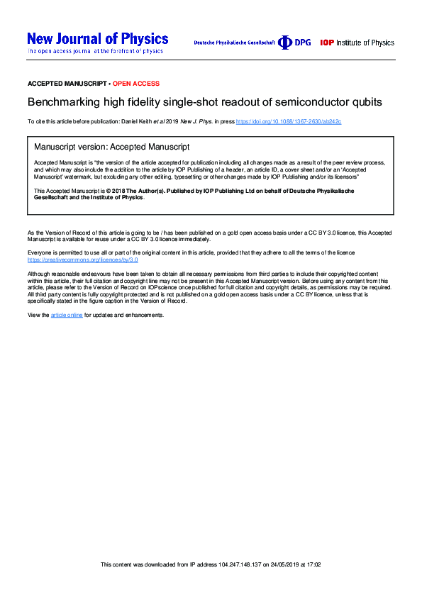 (PDF) Benchmarking high fidelity single-shot readout of semiconductor qubits | Keith Gorman ...