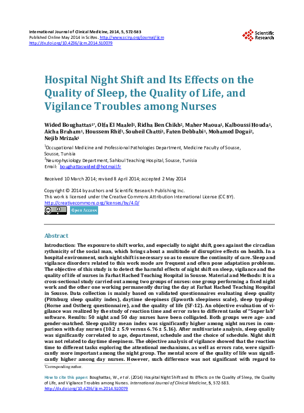 (PDF) Hospital Night Shift and Its Effects on the Quality of Sleep, the ...