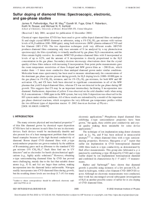 (PDF) Sulfur doping of diamond films: Spectroscopic, electronic, and ...