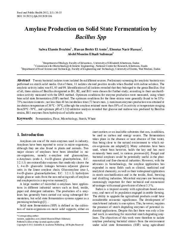 (PDF) Amylase Production on Solid State Fermentation by Bacillus Spp