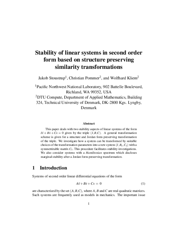 (PDF) Stability of linear systems in second-order form based on ...
