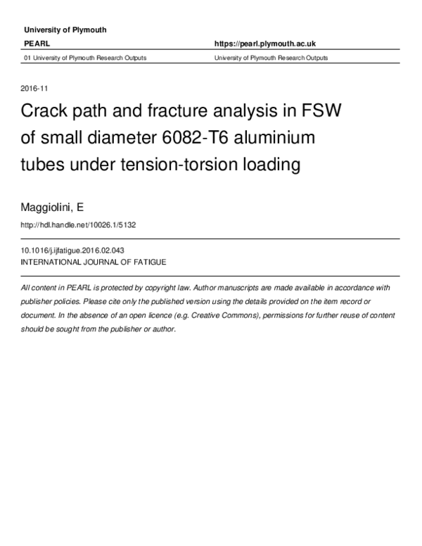 (PDF) Crack path and fracture analysis in FSW of small diameter 6082-T6 ...