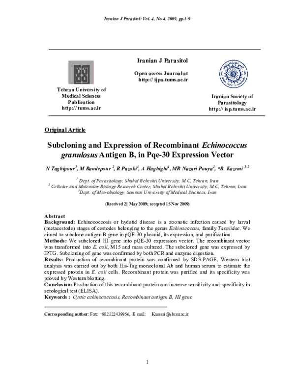 (PDF) Subcloning and expression of recombinant Echinococcus granulosus antigen B, in pQE-30 ...