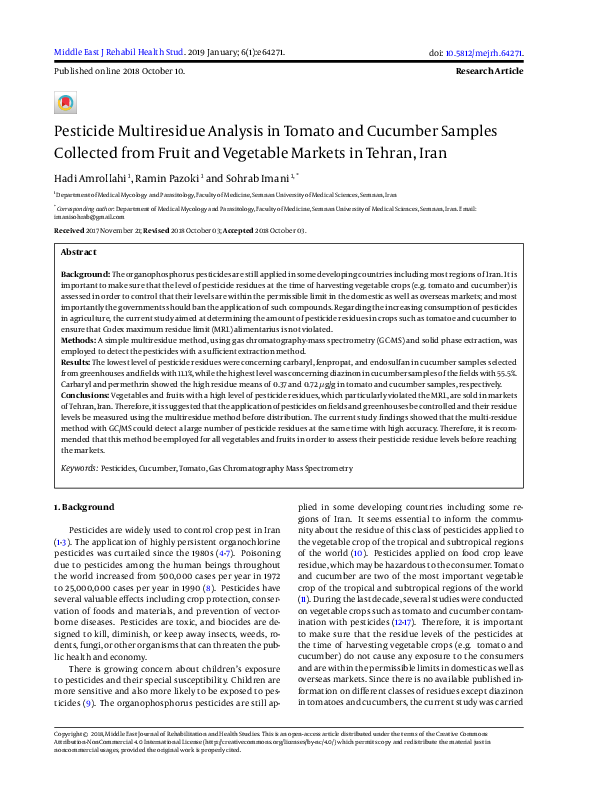 (PDF) Pesticide Multiresidue Analysis in Tomato and Cucumber Samples Collected from Fruit and ...