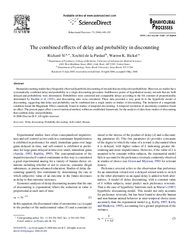 (PDF) The combined effects of delay and probability in discounting | Samuel G . Ingerir ...