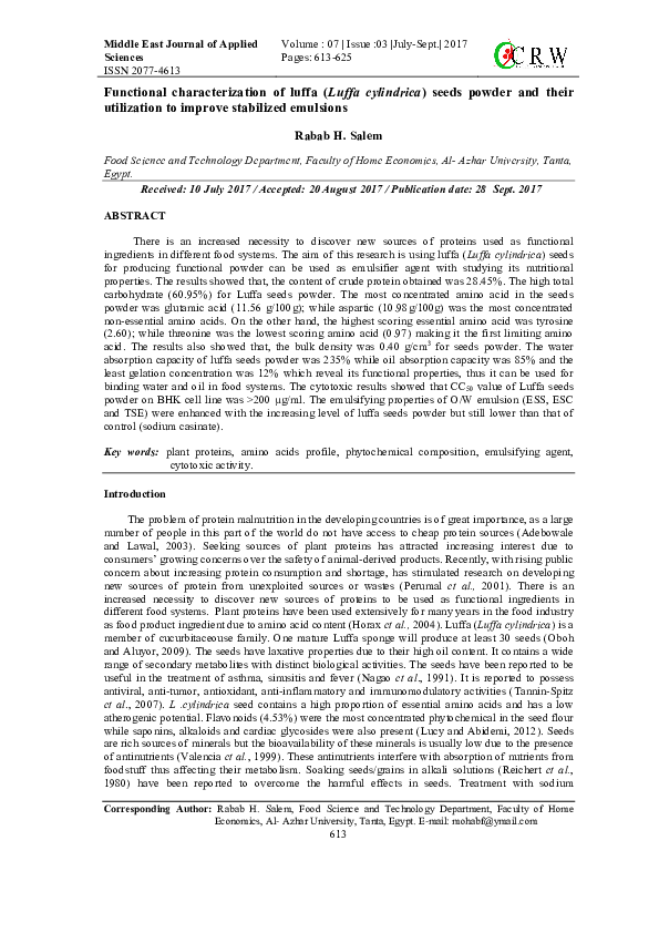 (PDF) Functional characterization of luffa (Luffa cylindrica) seeds ...