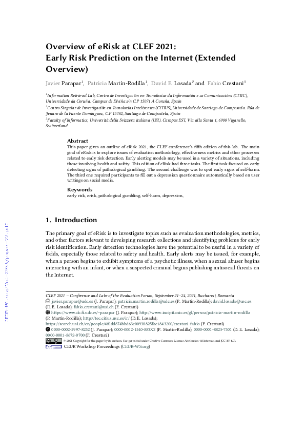 (PDF) eRisk 2020: Early Detection of Self-Harm and Depression