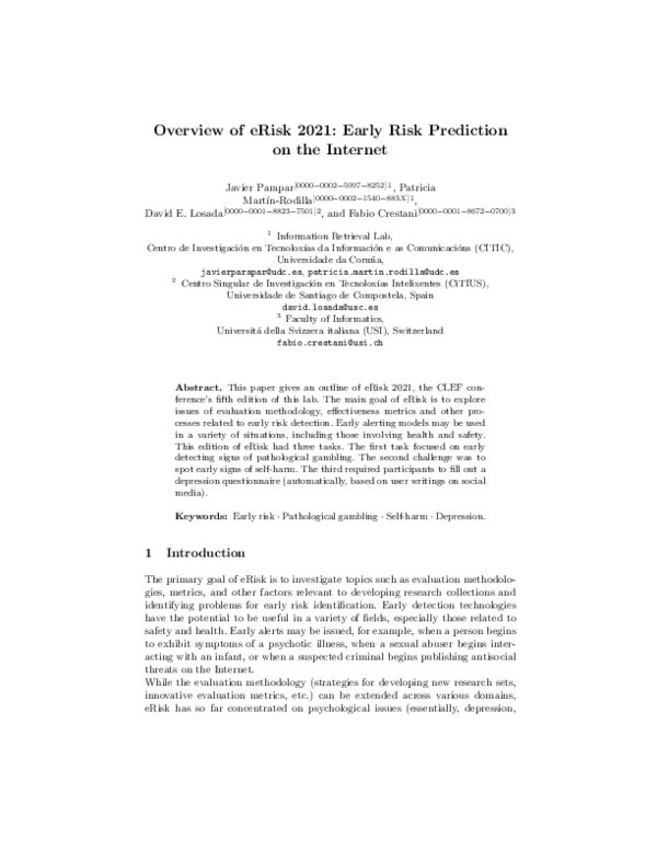 (PDF) Overview of eRisk 2021: Early Risk Prediction on the Internet