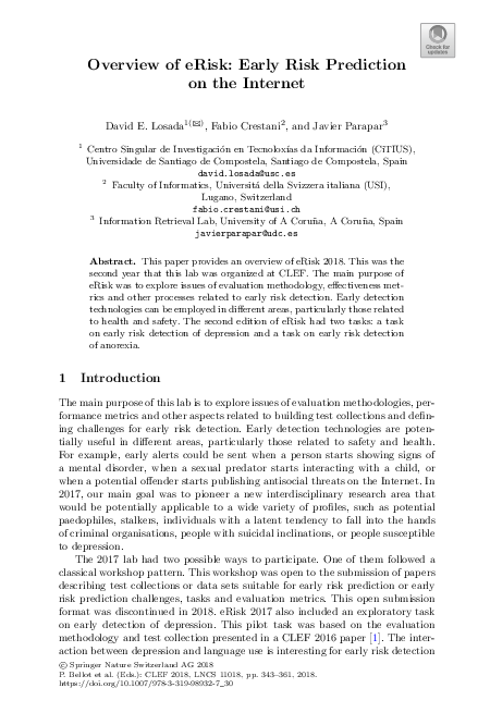 (PDF) Overview of eRisk: Early Risk Prediction on the Internet