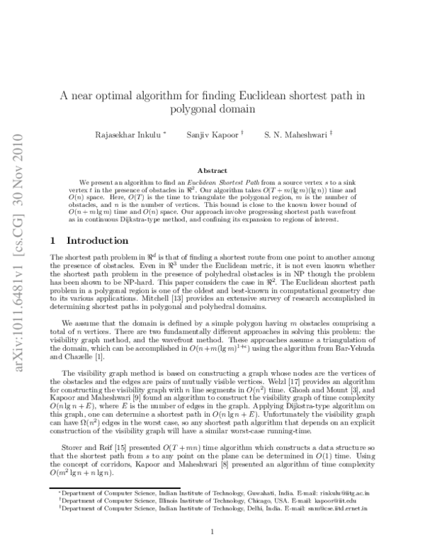 Pdf A Near Optimal Algorithm For Finding Euclidean Shortest Path In Polygonal Domain