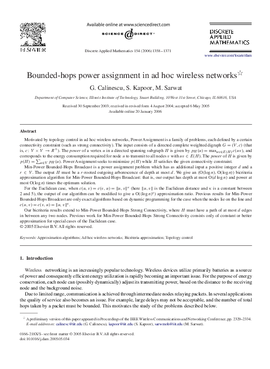 (PDF) Bounded-hops power assignment in ad hoc wireless networks | Sanjiv Kapoor - Academia.edu