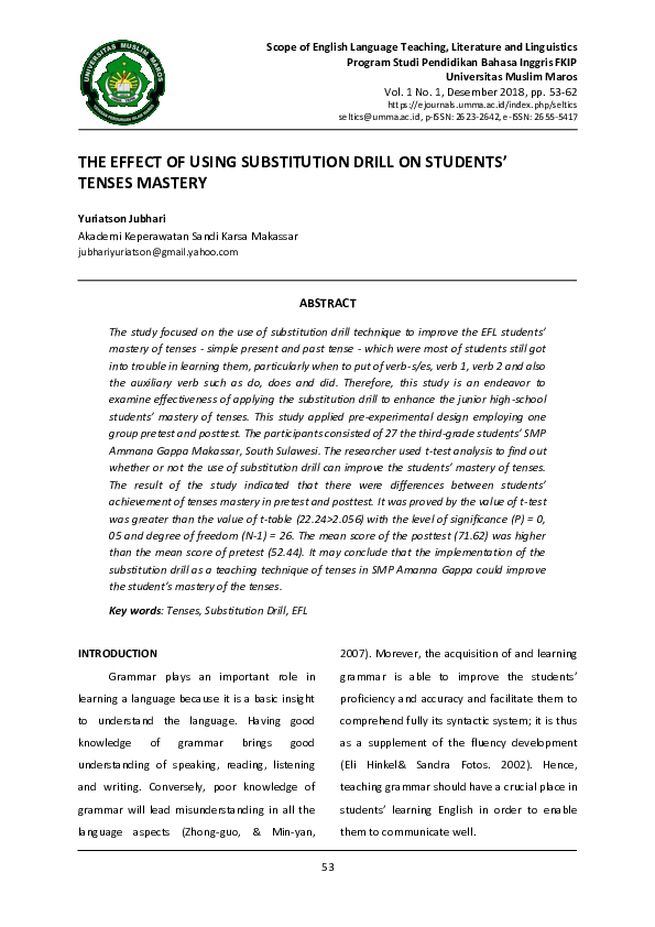 (PDF) The Effect of Using Substitution Drill on Students ’ Tenses Mastery
