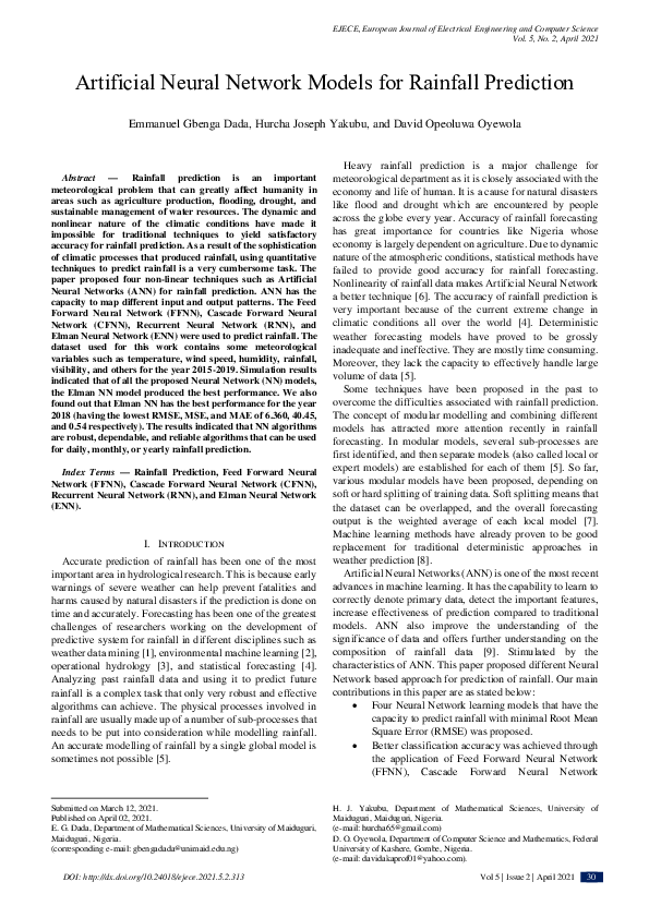 Pdf Artificial Neural Network Models For Rainfall Prediction 4773