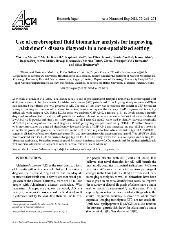(PDF) Use of cerebrospinal fluid biomarker analysis for improving ...