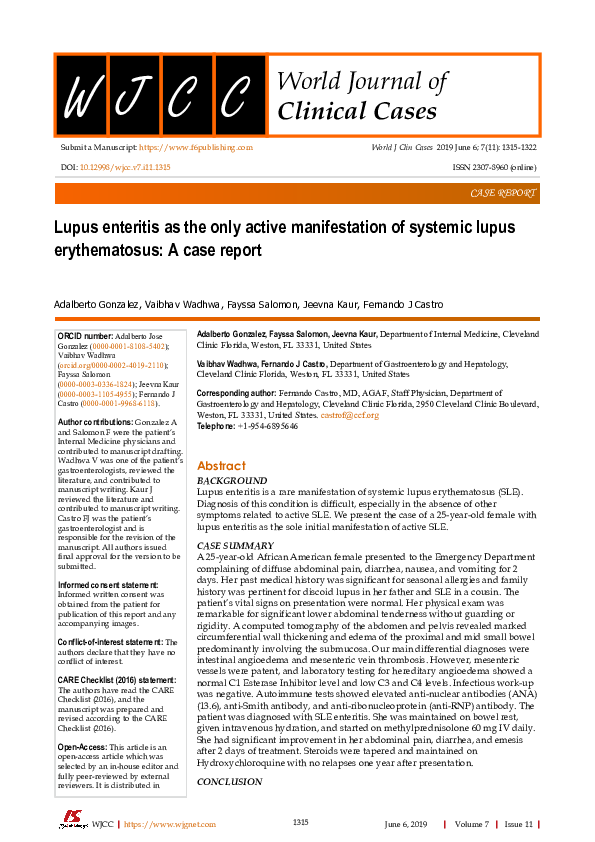 (PDF) Lupus enteritis as the only active manifestation of systemic ...
