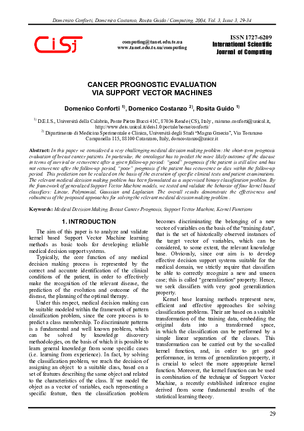 (PDF) Cancer Prognostic Evaluation via Support Vector Machines