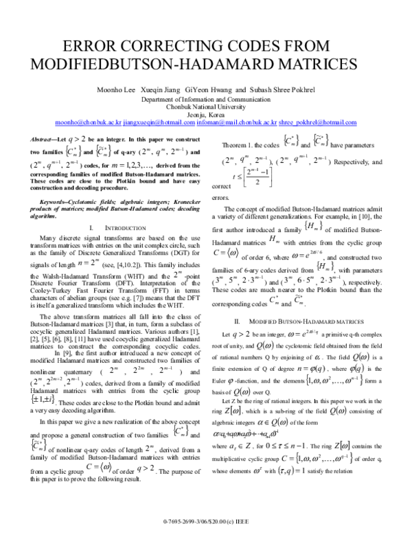 (PDF) Error Correcting Codes from Modified Butson-Hadamard Matrices