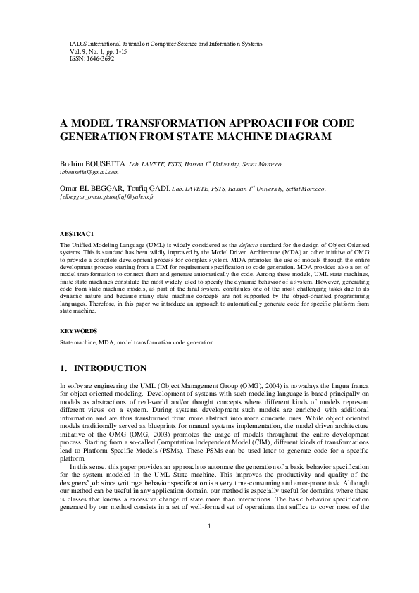 (PDF) A Model Transformation Approach for Code Generation from State ...