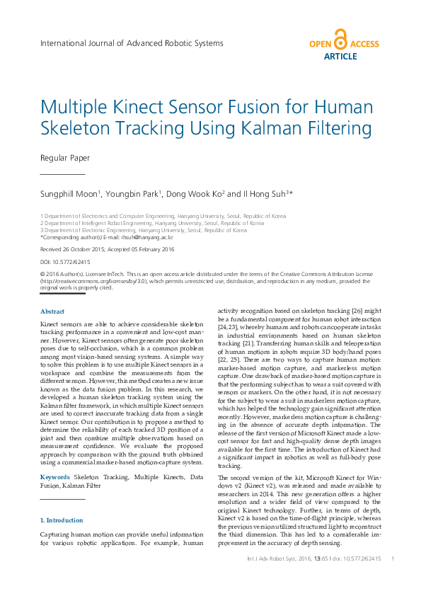 Pdf Multiple Kinect Sensor Fusion For Human Skeleton Tracking Using Kalman Filtering
