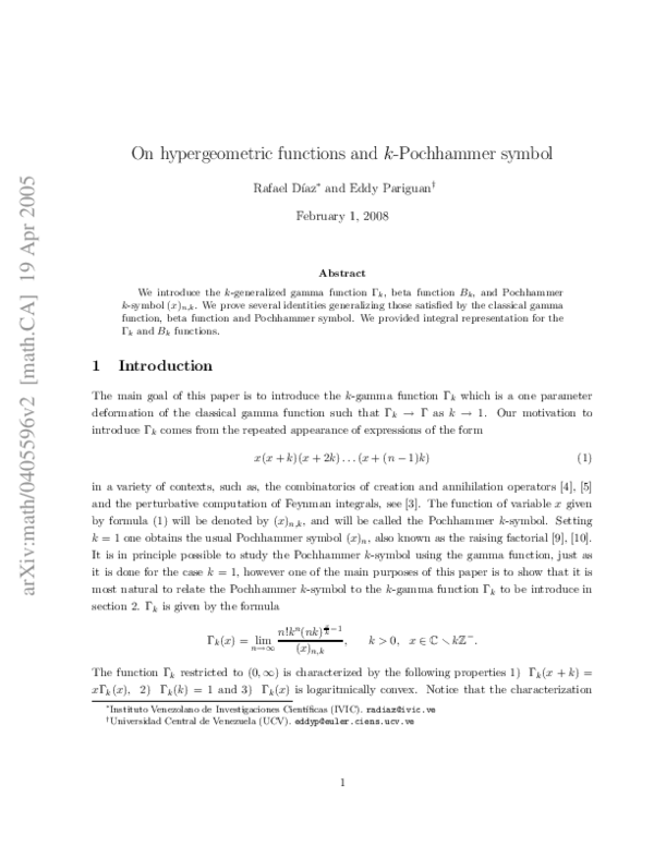 (PDF) On hypergeometric functions and k-Pochhammer symbol