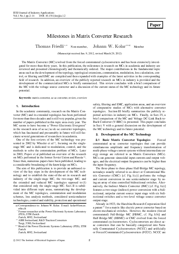 (PDF) Milestones in matrix converter research