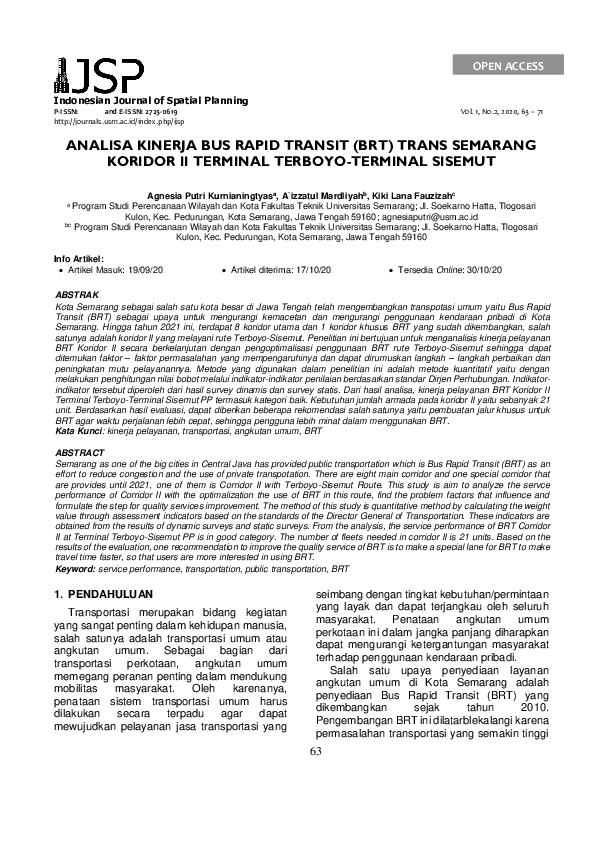 (PDF) Analisa Kinerja Bus Rapid Transit (BRT) Trans Semarang Koridor II Terminal Terboyo ...