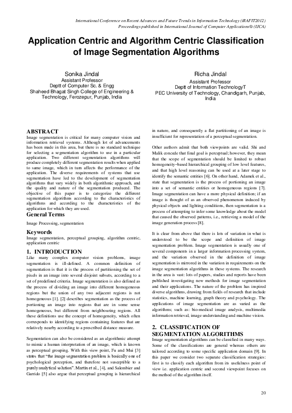 (PDF) Application Centric and Algorithm Centric Classification of Image Segmentation Algorithms