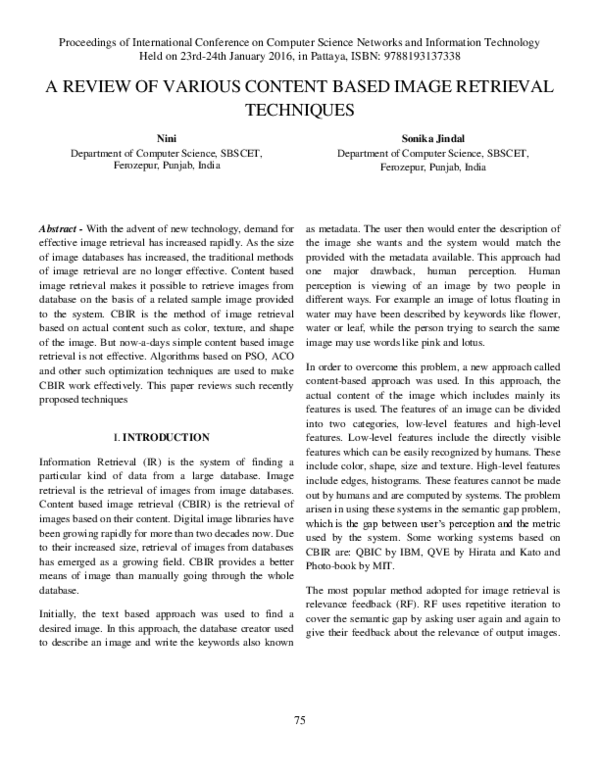 (PDF) A Review of Various Content Based Image Retrieval Techniques