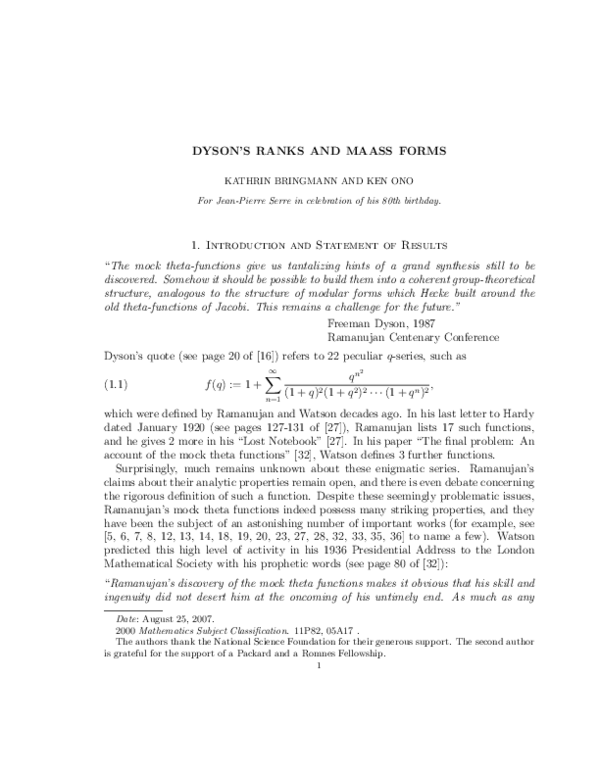 Pdf Dysons Ranks And Maass Forms
