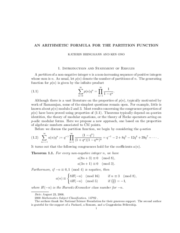 (PDF) An arithmetic formula for the partition function