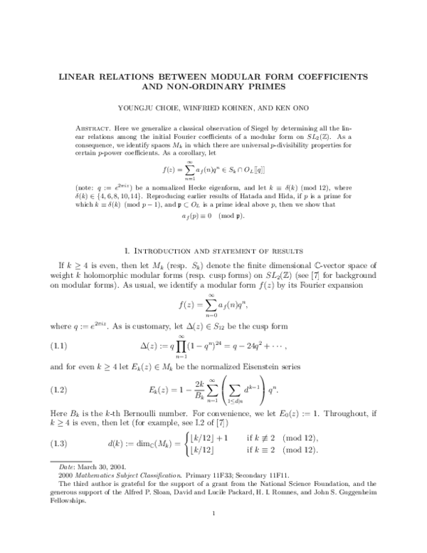 (PDF) Linear Relations Between Modular Form Coefficients and Non ...