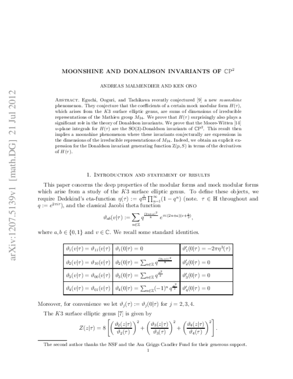 (PDF) Moonshine for $M_{24}$ and Donaldson invariants of $\\mathbb{C ...