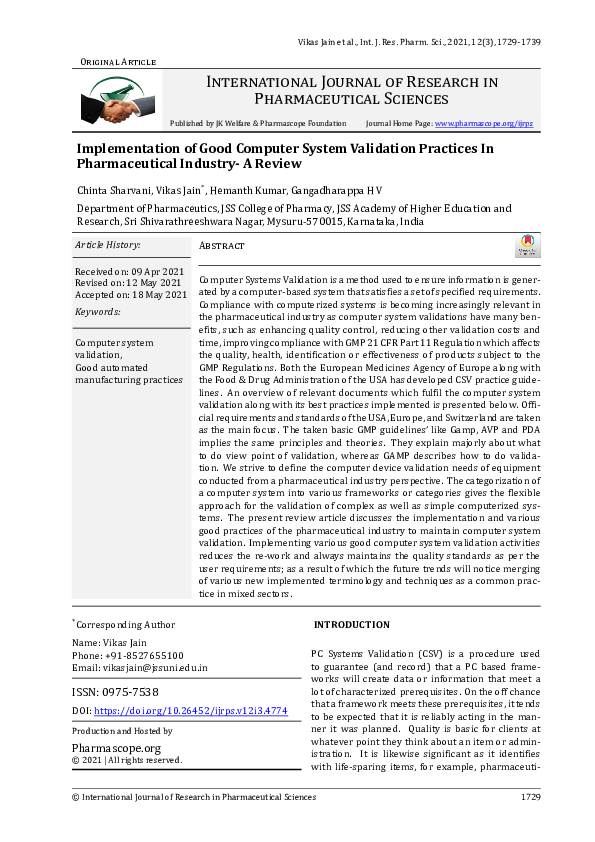 (PDF) Implementation of Good Computer System Validation Practices In ...