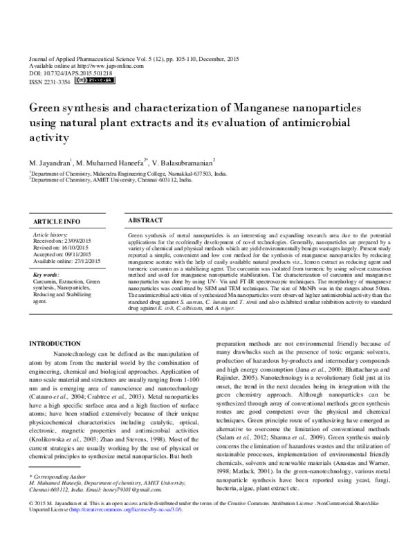 (PDF) Green synthesis and characterization of Manganese nanoparticles using natural plant ...