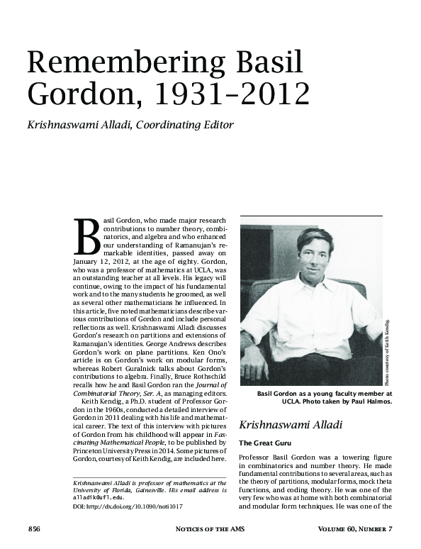 (PDF) Remembering Basil Gordon, 1931–2012 | Ken Ono - Academia.edu