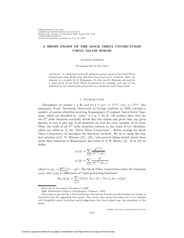 (PDF) A short proof of the Mock Theta Conjectures using Maass forms