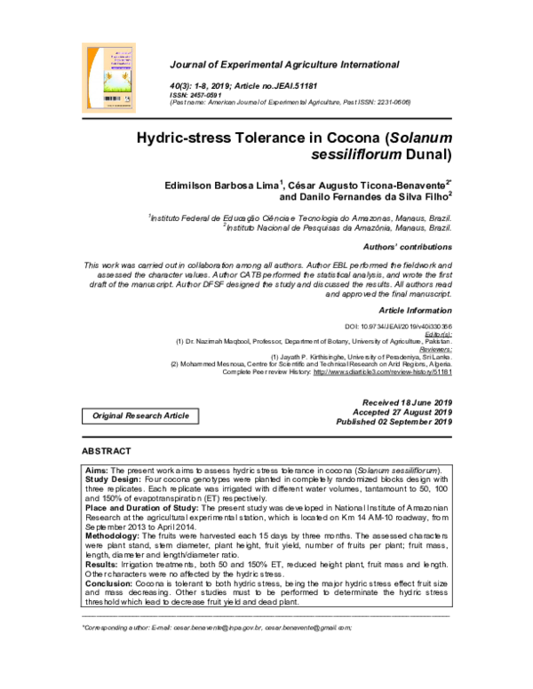(PDF) Hydric-stress Tolerance in Cocona (Solanum sessiliflorum Dunal)