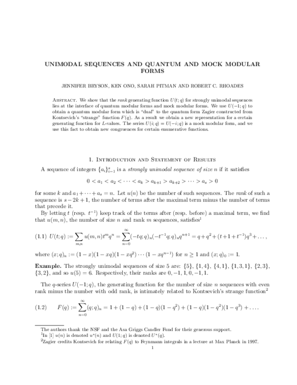 (PDF) Unimodal sequences and quantum and mock modular forms