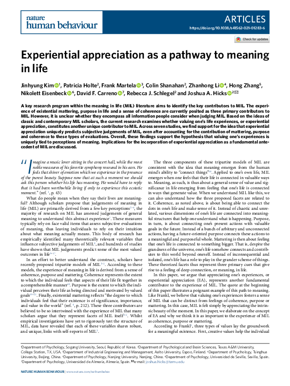 (PDF) Experiential appreciation as a pathway to meaning in life